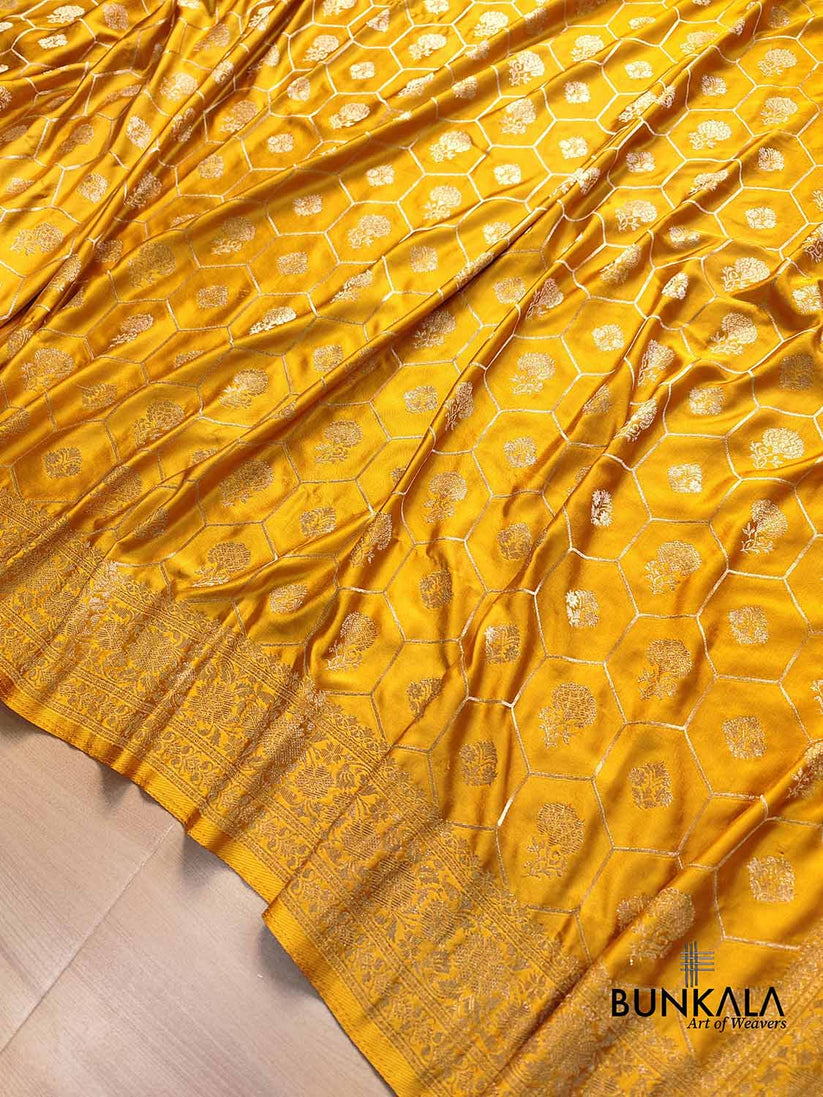 Shop Mustard Yellow Soft Mashru Silk Unique Jaal Weaved Banarasi Saree ...