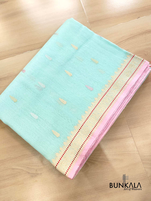 Shop Blue Kadwa Buti Handweaved Banarasi Pure Linen Saree – BUNKALA