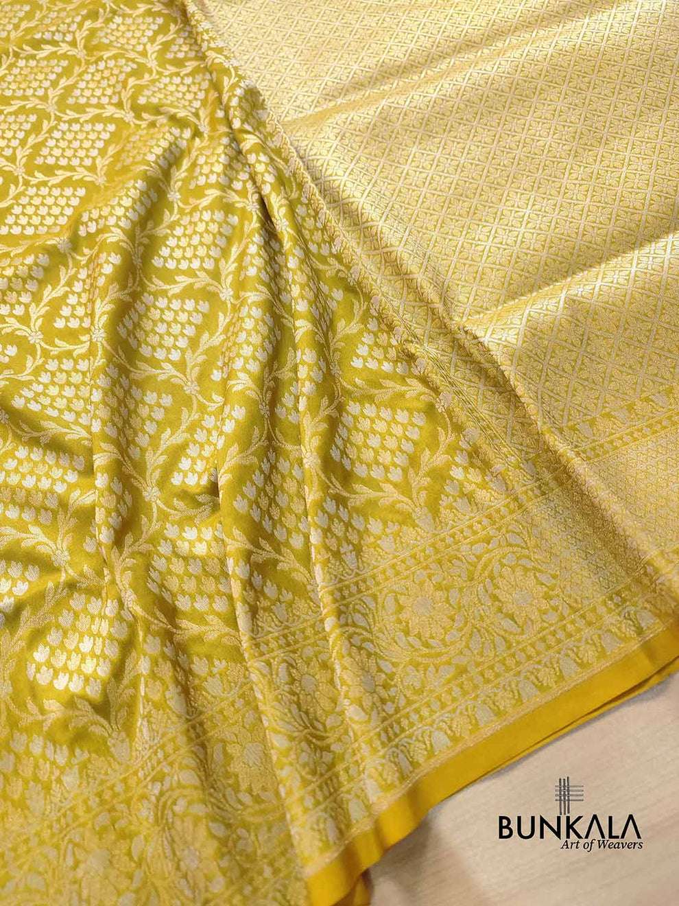 Shop Greenish Yellow Jangla Banarasi Silk Saree – BUNKALA