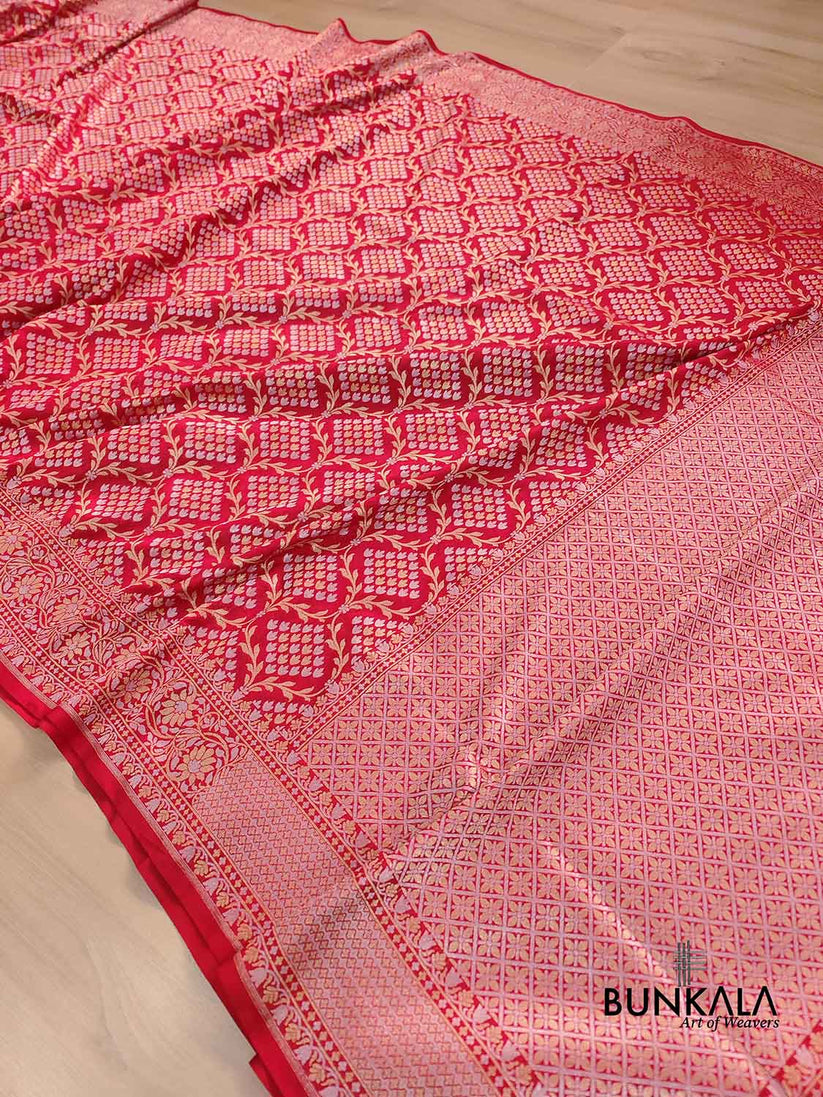 Shop Red Jangla Banarasi Silk Saree – BUNKALA