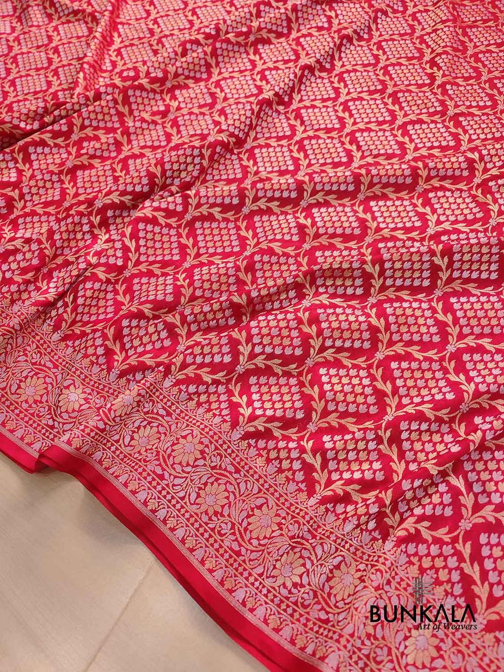 Shop Red Jangla Banarasi Silk Saree – BUNKALA