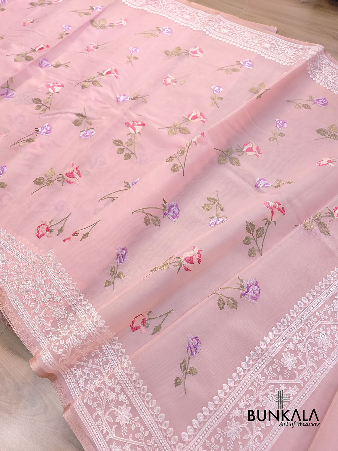 Shop Baby Pink Multicolor Thread Rose Design Embroidered Organza Saree ...