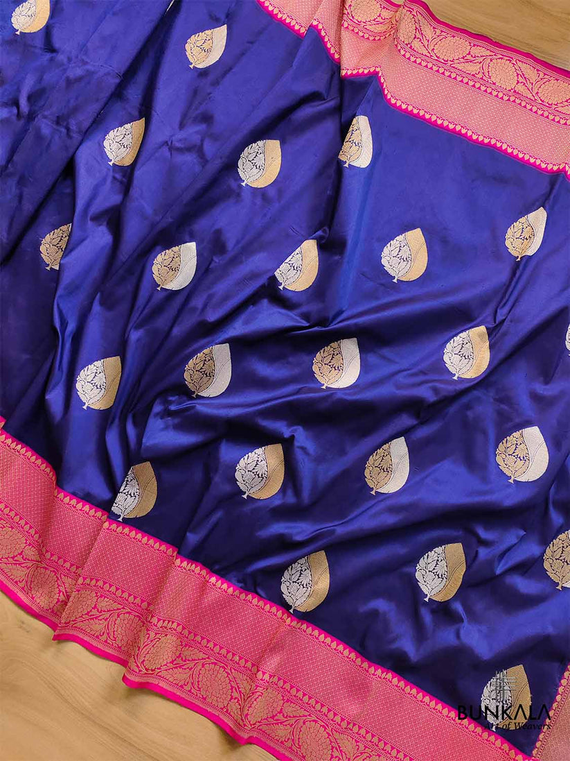 Shop Blue Pure Katan Silk Handloom Big Buta Sona Rupa Banarasi Saree ...