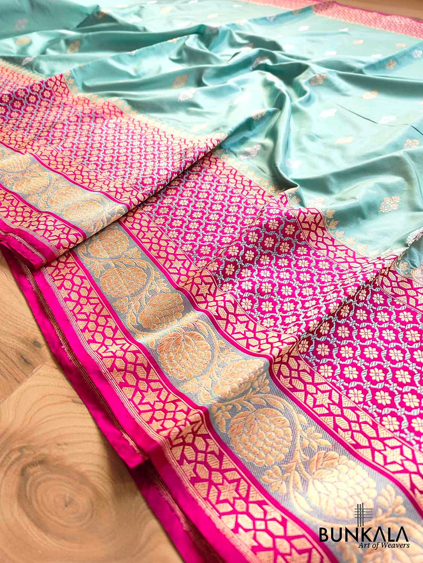 Shop Light Blue Pure Katan Silk Handloom Sona Rupa Banarasi Saree – BUNKALA